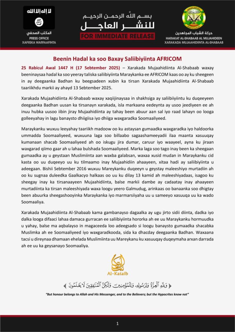 WAR SAXAAFADEED: Beenin Hadal Kasoo Baxay Saliibiyiinta AFRICOM.